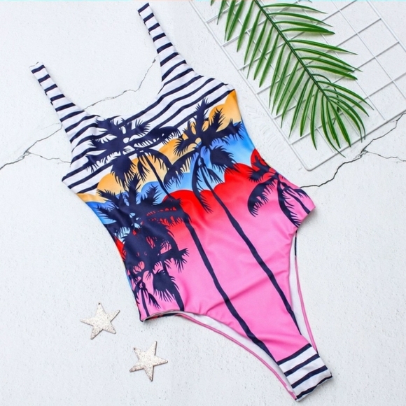 Swim | Palm Tree Striped Open Back One Piece Swimsuit | Poshmark
